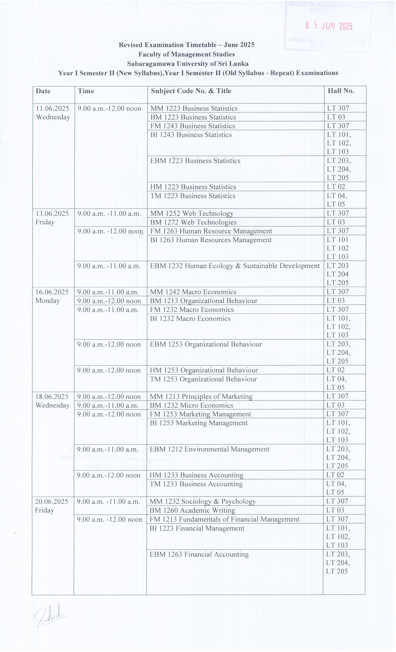 Notice : Revised Examination Timetable – June 2025 | Faculty of Management Studies